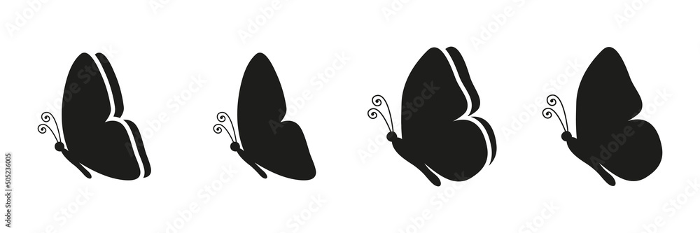 Butterfly silhouettes set. Various butterflies shapes collection. Side ...