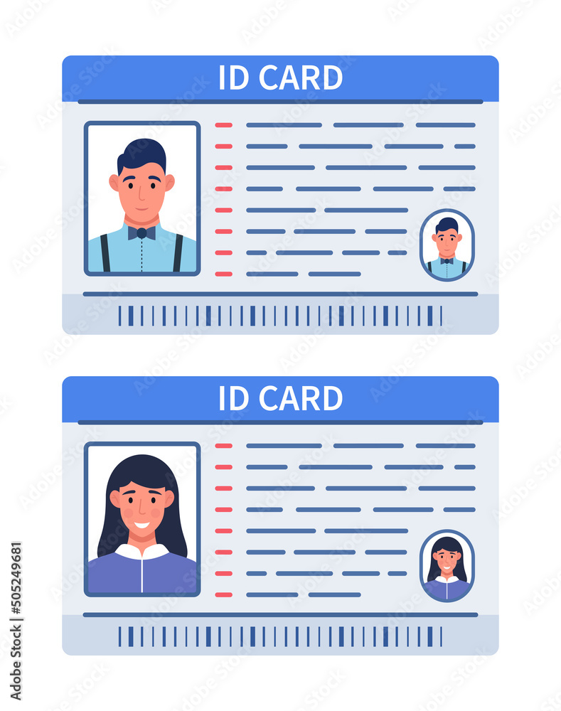 ID cards. Card for young man with black hair and for young woman with ...