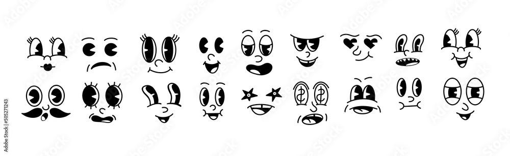 Retro 30s cartoon mascot characters funny faces. 50s, 60s old animation ...