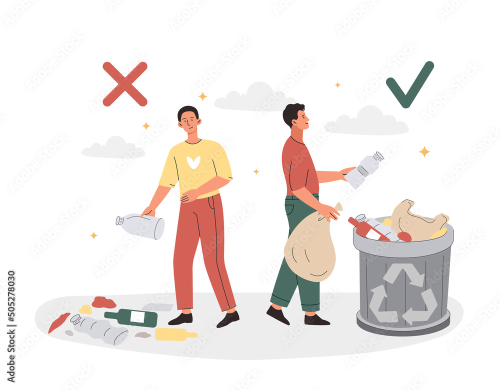 Correct and wrong behavior of littering waste. Man throws garbage into ... Correct and wrong behavior of littering waste. Man throws garbage into ...