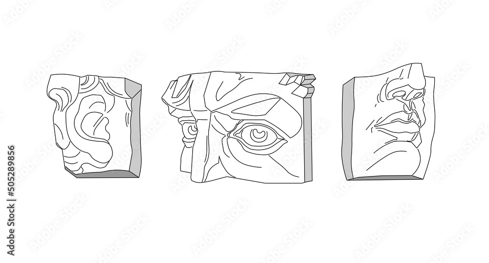 Gypsum parts of the face of David. Sculpture drawing. Ear, eyes, nose ...