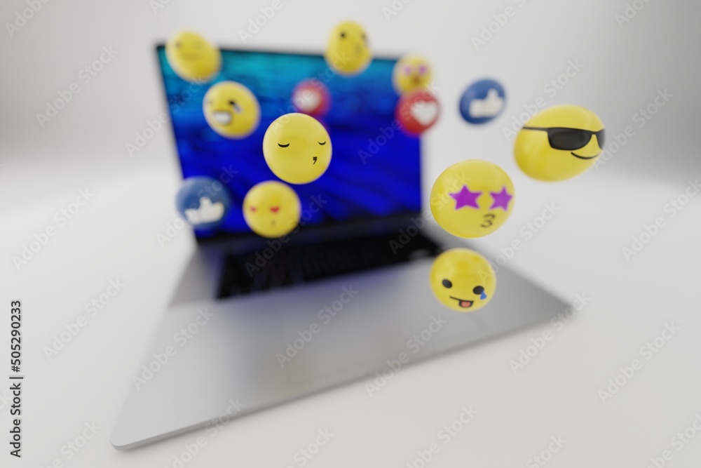 Emoticons coming out of the computer, laptop. Social media concept ...