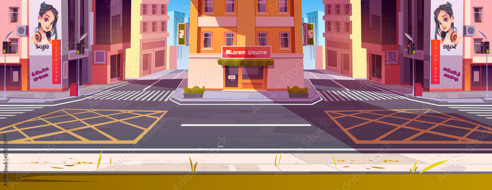 City street with houses, store or cafe showcase, road intersection with ...