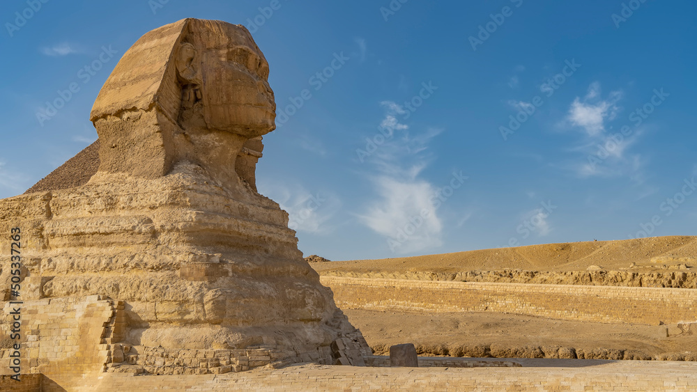A fragment of the sculpture of the Great Sphinx. Profile view against ...