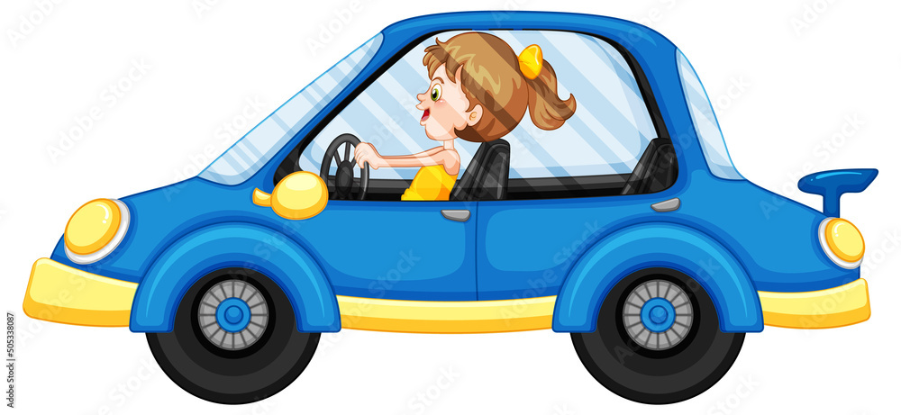 Cartoon girl driving blue car Stock Vector | Adobe Stock