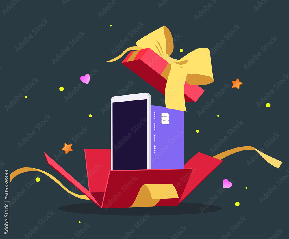 issue gift box and credit card to consumers mobile illustration set ...