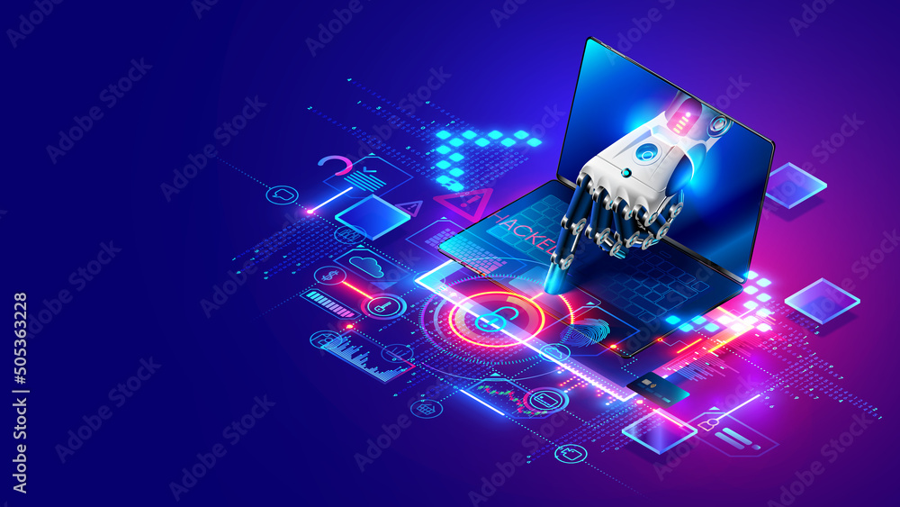 Computer bot hacks firewall on laptop. Cybersecurity, antivirus ...