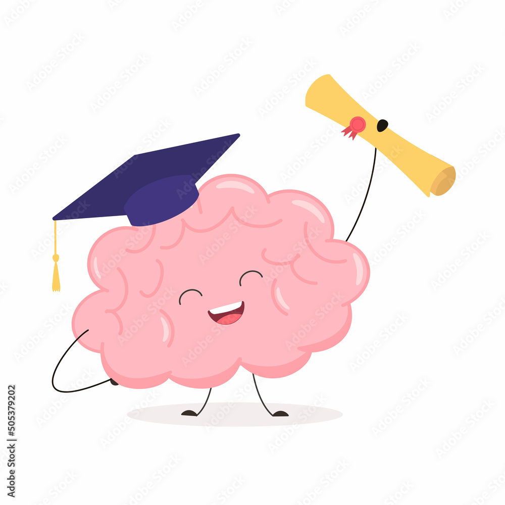 Cute brain in graduation cap with diploma. Kawaii funny human brain ...