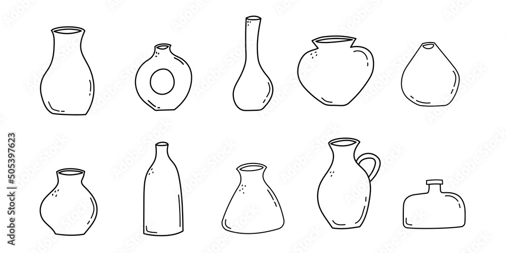 Set of hand drawn line art vases and pots. Doodle clay pottery ...