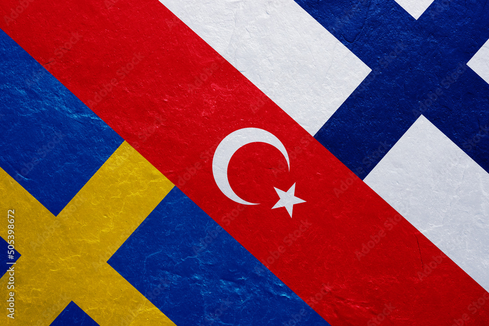 Flags of Turkey, Sweden and Finland on the concrete wall Stock Photo ...