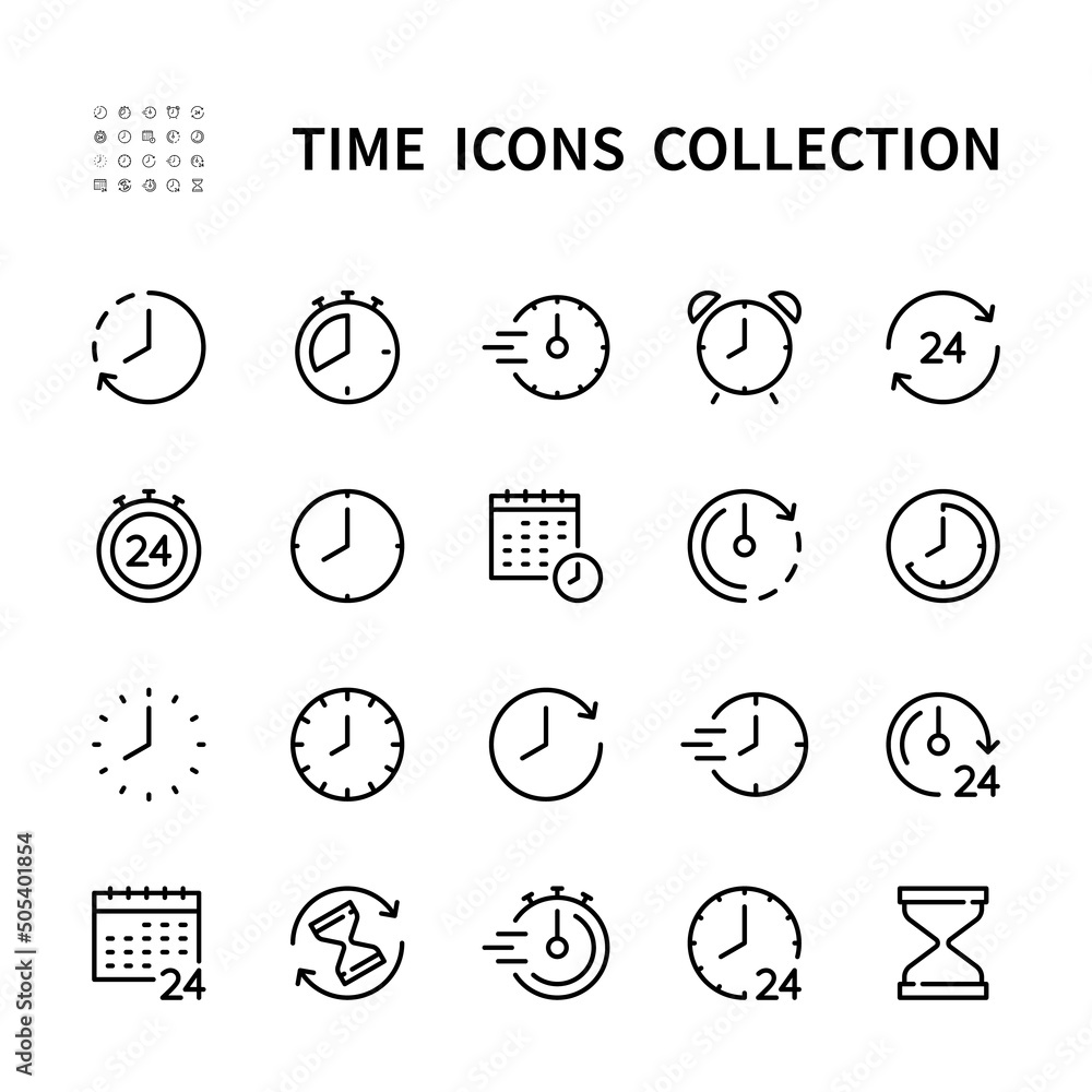 Time and clock vector linear icons. Isolated timepiece icon collection ...