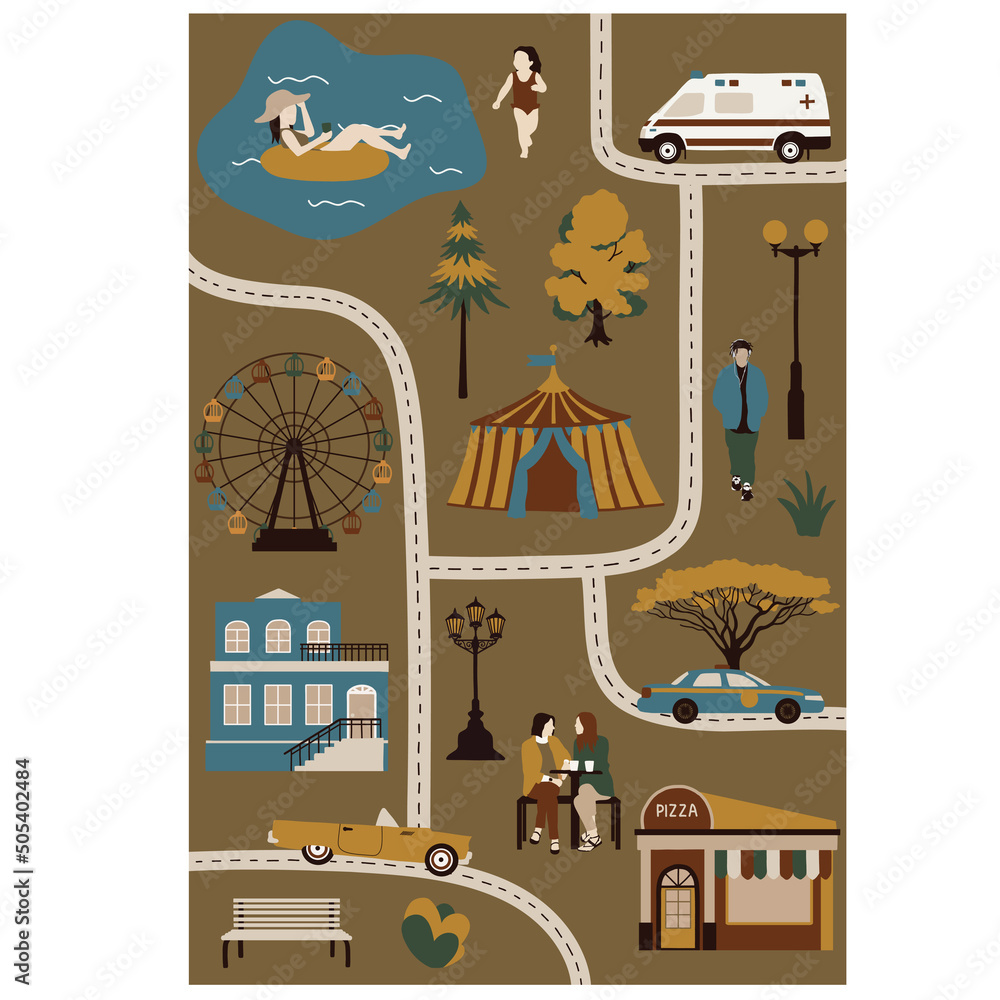 Vector premade map of the city with buildings, cars and people Stock ...