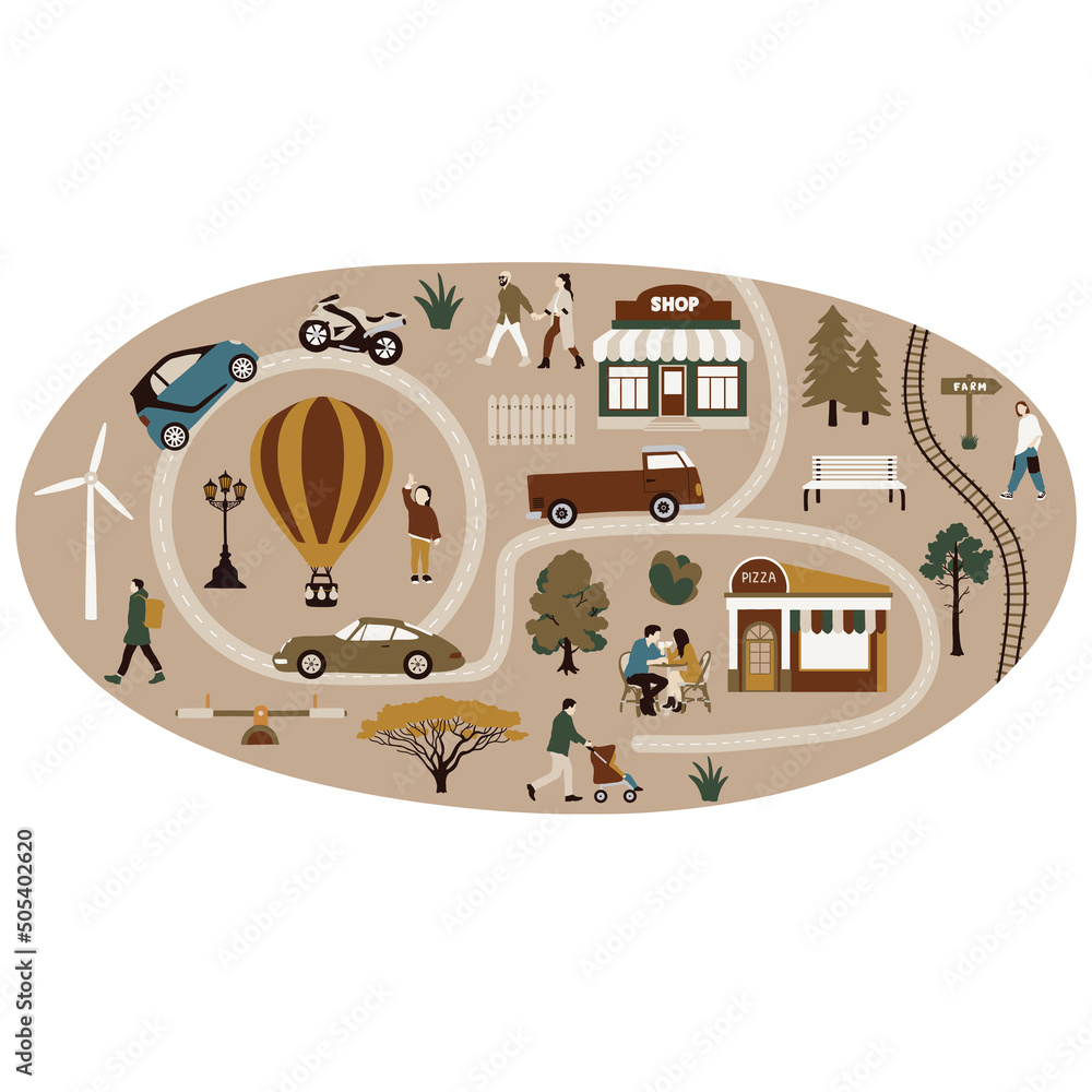 Vector premade map of the city with buildings, cars and people Stock ...