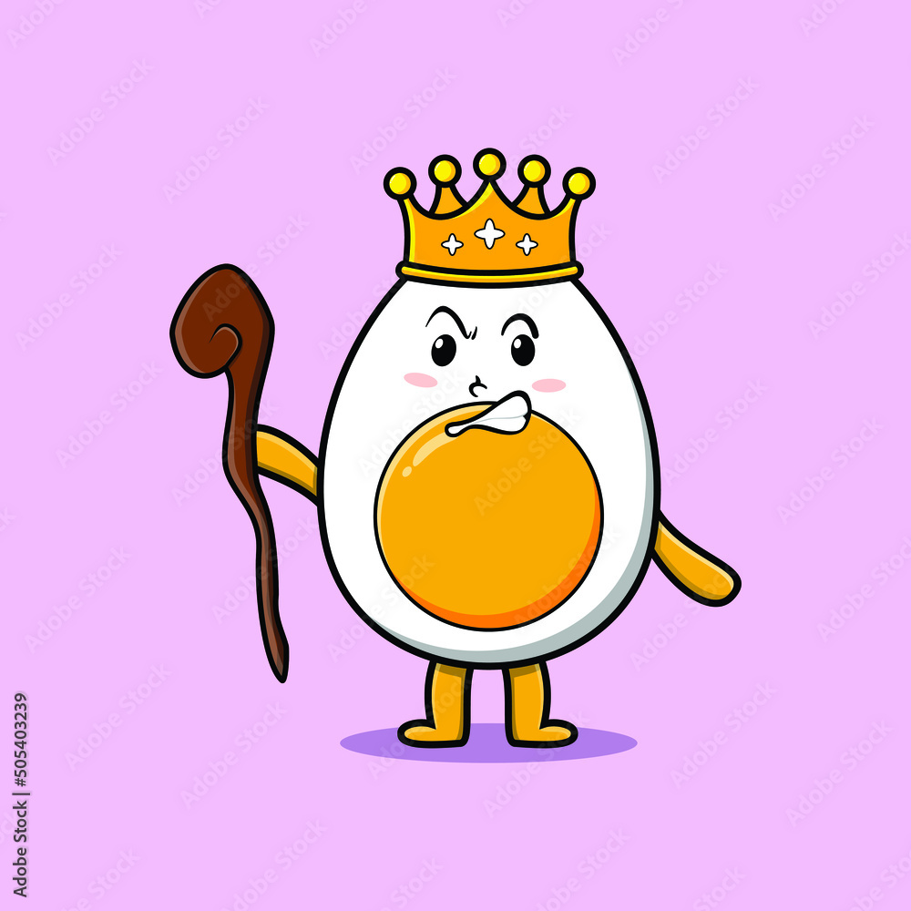 Cute cartoon boiled egg mascot as wise king with golden crown and ...