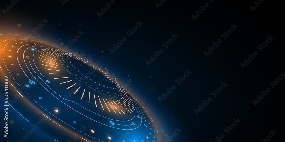 Futuristic background of digital HUD elements with blue and orange light effect. User interface ...