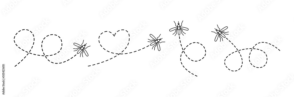 Line mosquito icon set. Mosquitoes insects flying on dotted route ...