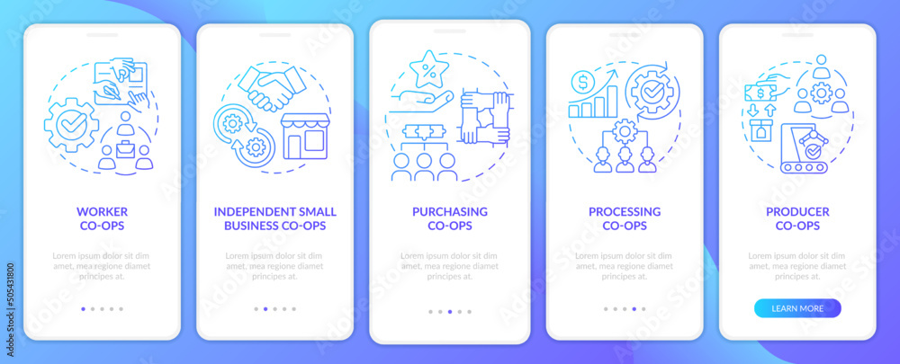 Types of co-ops blue gradient onboarding mobile app screen. Business ... Types of co-ops blue gradient onboarding mobile app screen. Business ...