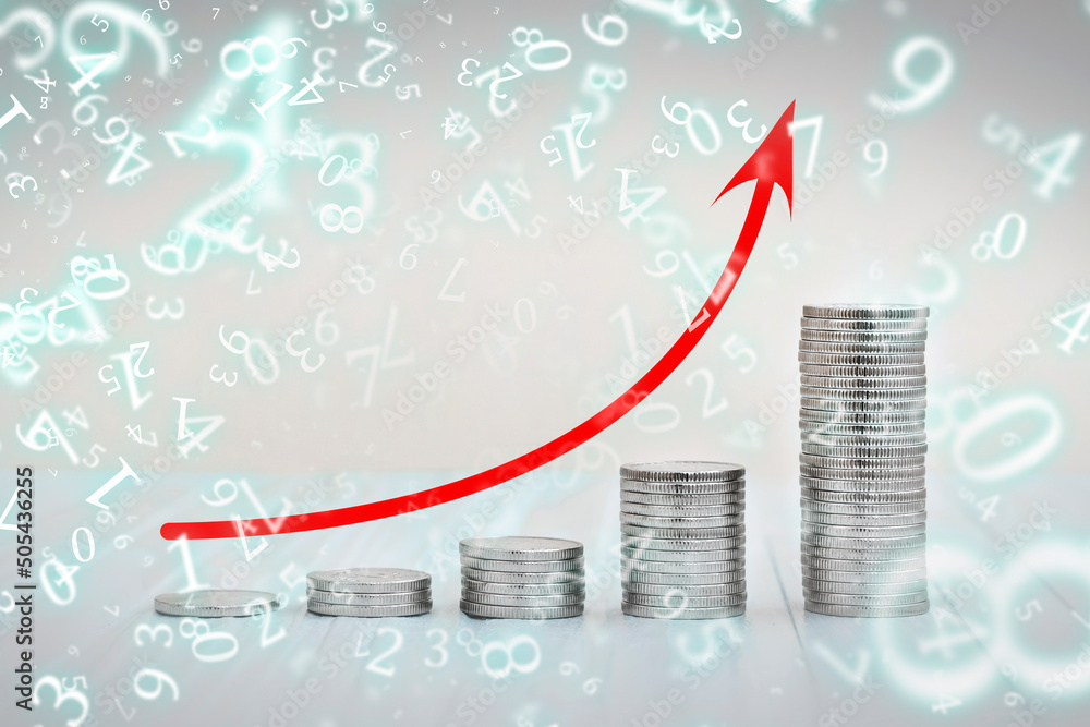 numerology, chart with coins and arrow showing growth surrounded by ...