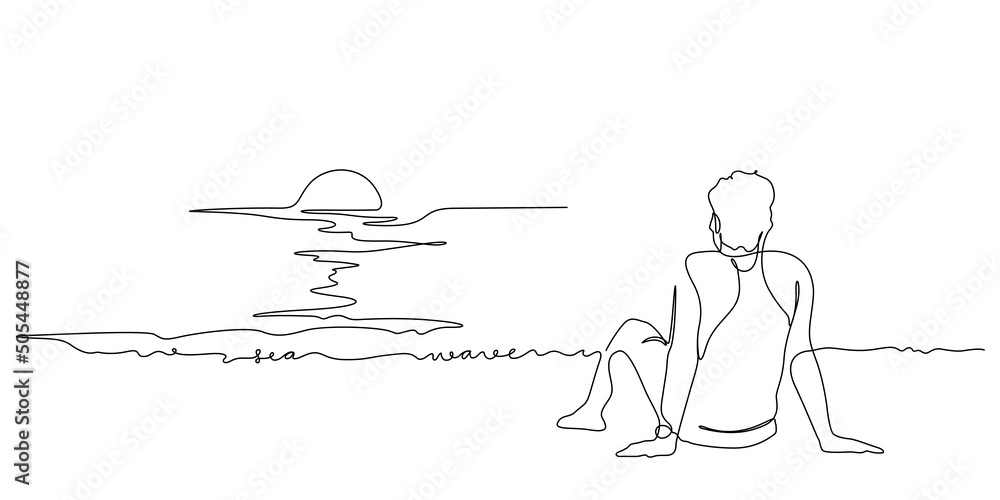 man sitting on sea beach and sunset scenes view illustration in one ...