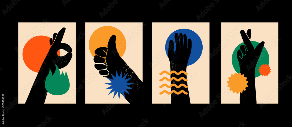 Abstract poster collection with hands. Ink graphic with geometrical ...