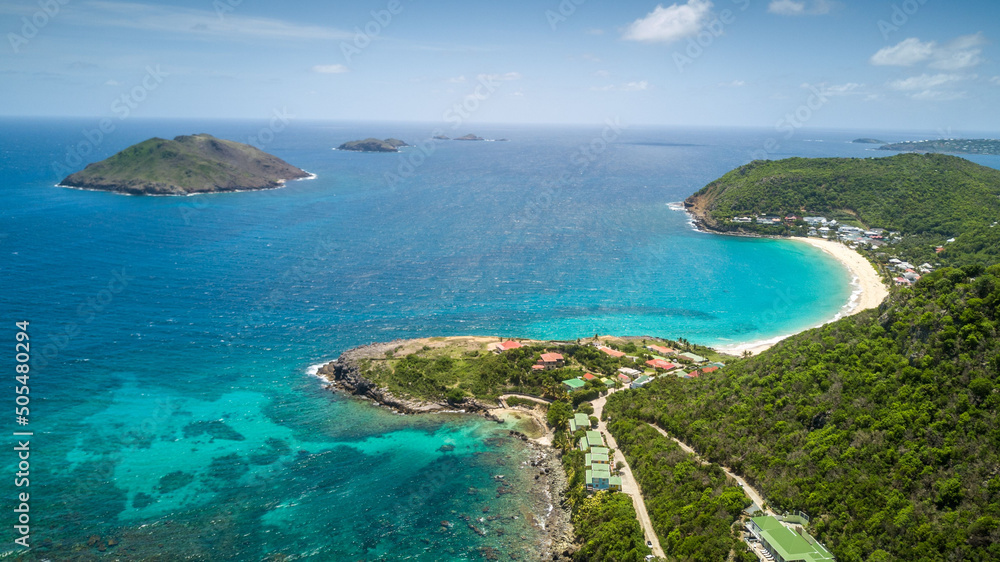 Beautiful eagle-eye view of the island coast with several resorts built ...