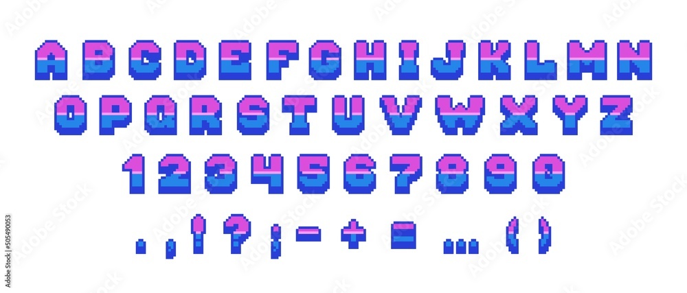Retro pixel font. 8 bit arcade game letters numbers and punctuation ...