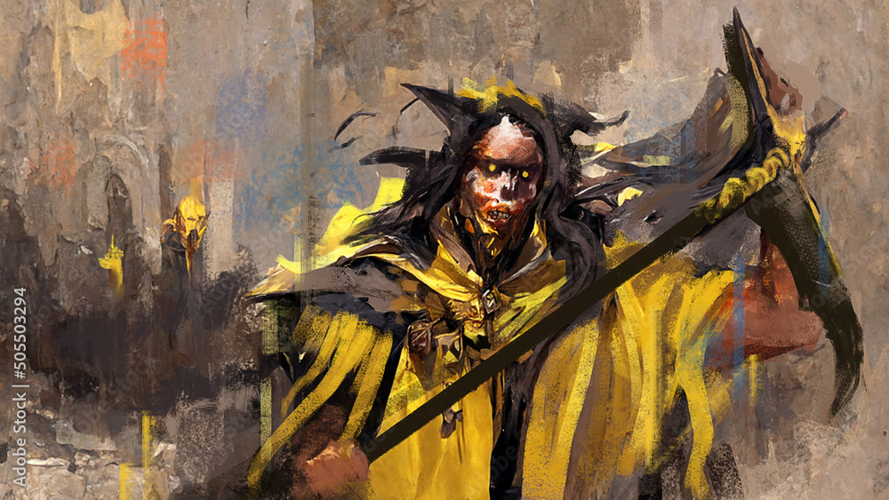 Digital illustration of a voodoo necromancer in yellow robes carrying a ...