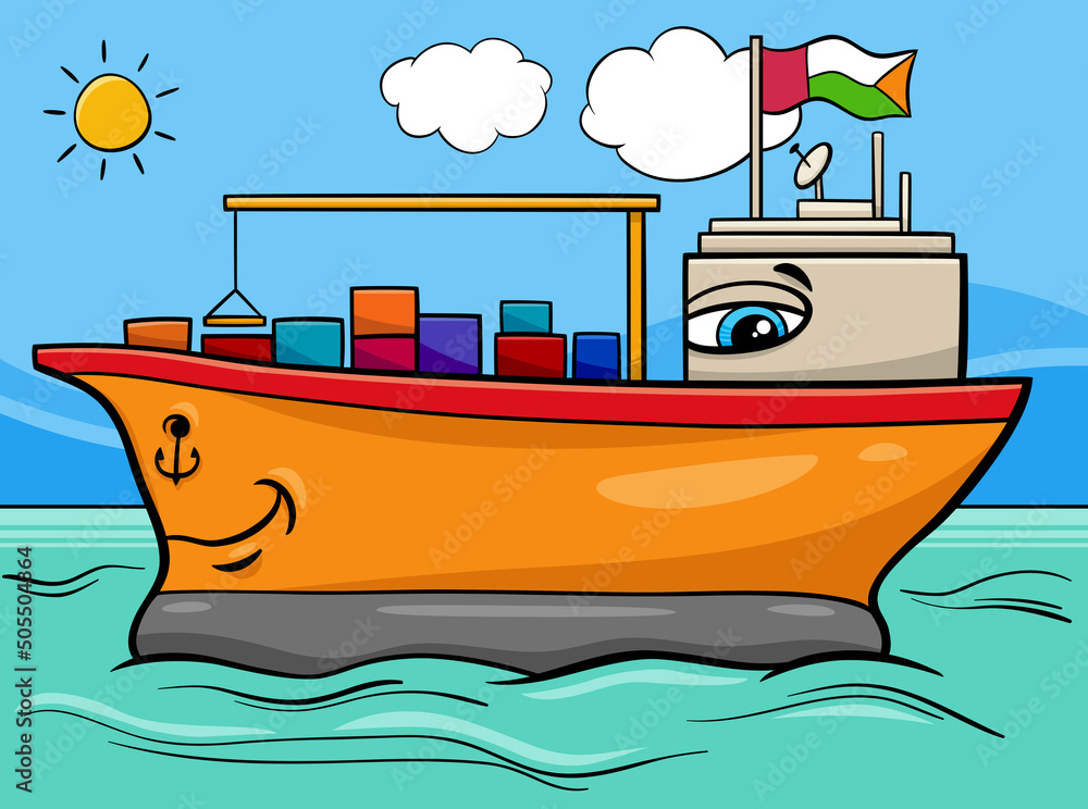 cartoon container ship character on the sea Stock Vector | Adobe Stock