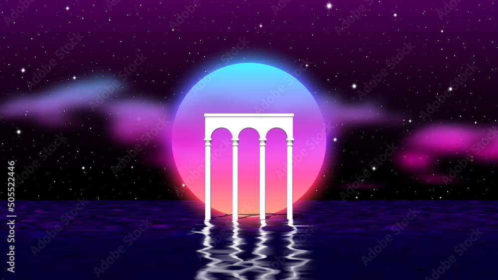 Aesthetic landscape with colonnade of white pillars in surreal sea. 90s ...