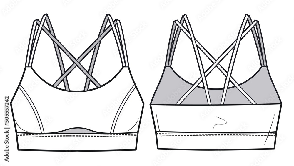 Girl's Sport Bra fashion flat sketch template. Women's Active wear Crop ...