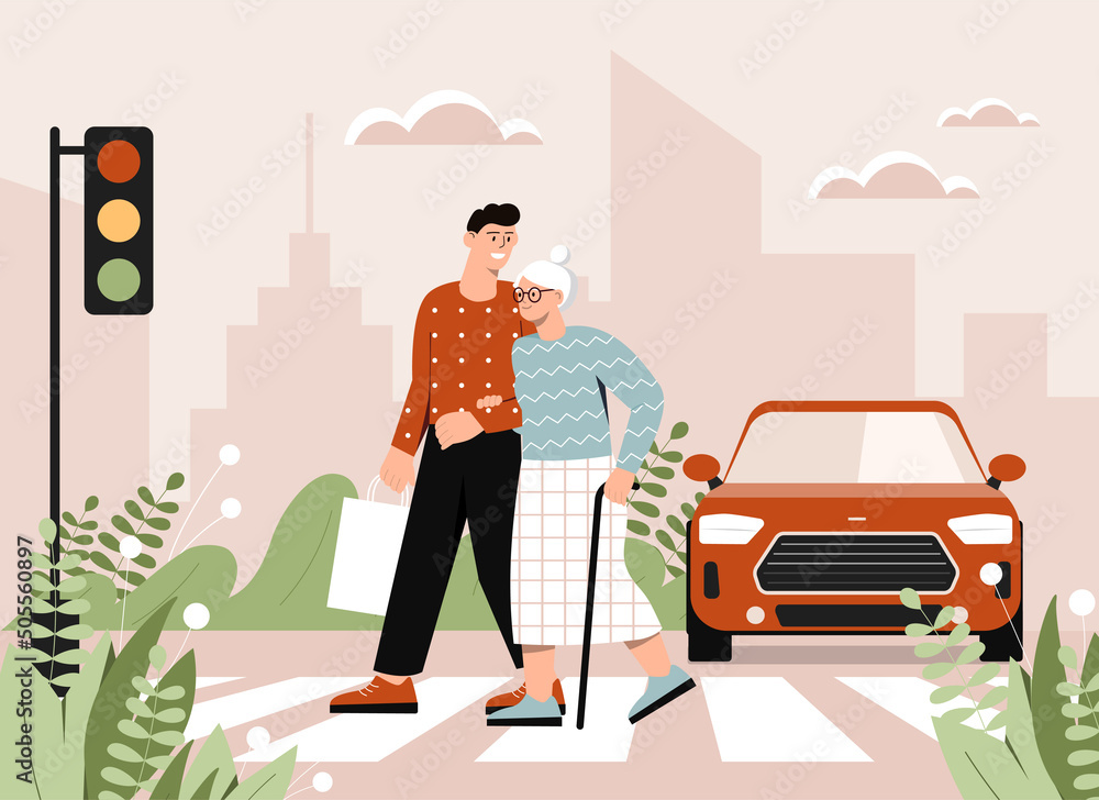 Concept of assistance. Young guy takes his grandmother across road ...