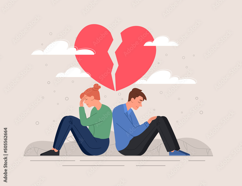 Concept of quarrel. Young man and girl next to broken heart. Romantic ...