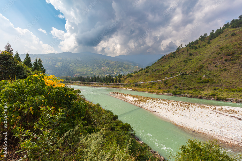 The Punakha Suspension Bridge at the Punakha Dzong. Across the Tsang ...
