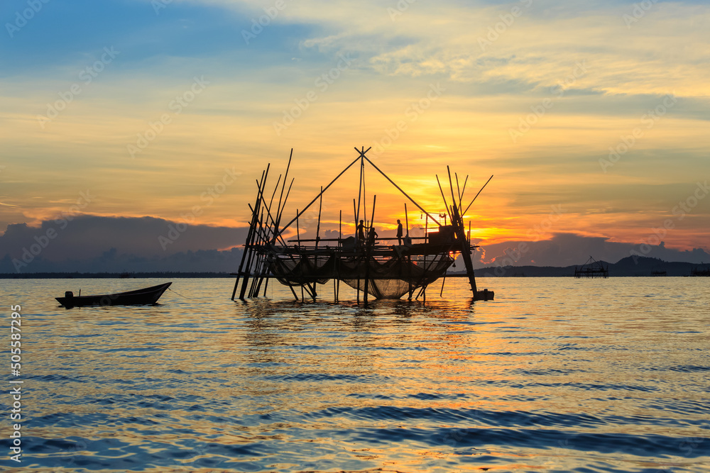 Silhouette of the traditional fishing structure built with bamboo ...