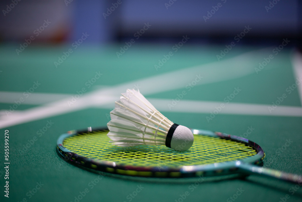 the badminton ball is placed on the badminton racket Shuttlecock on the ...