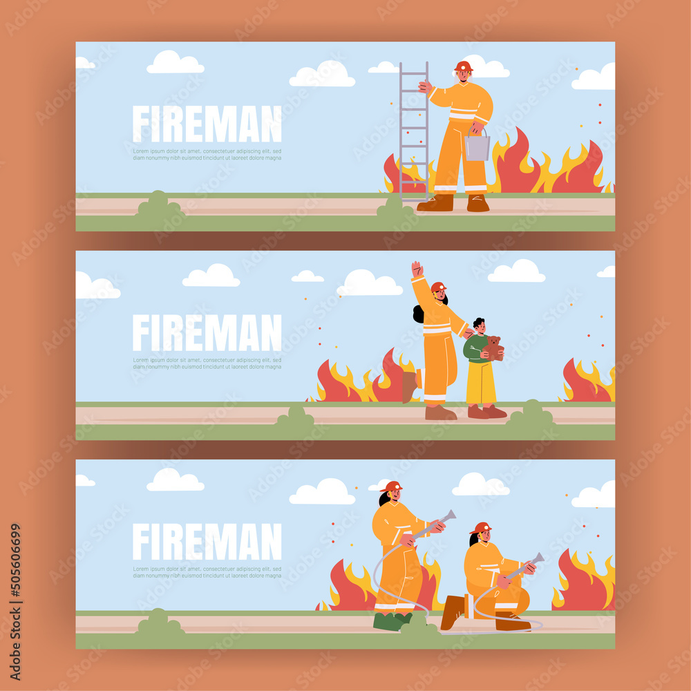 Fireman banners with professional fire fighters with water hose and ...
