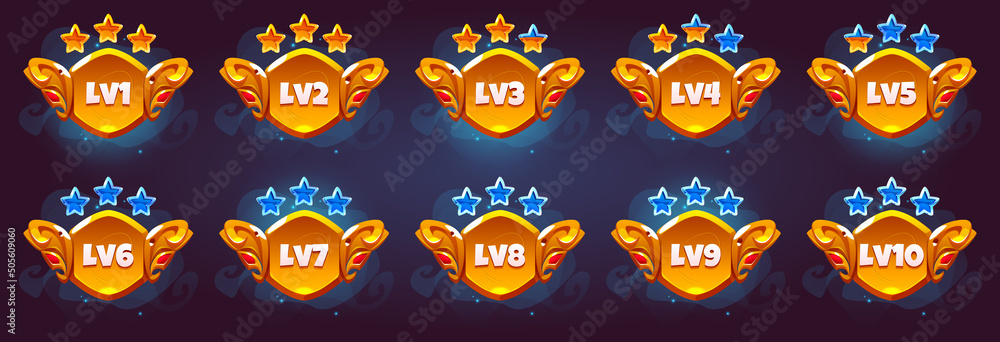 Game golden badges of level number with rating stars isolated on ...