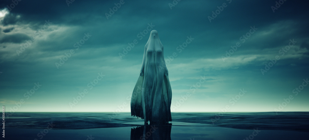 Creepy Ghost Floating Woman Sheet Blowing in the Wind Wet Beach Body ...