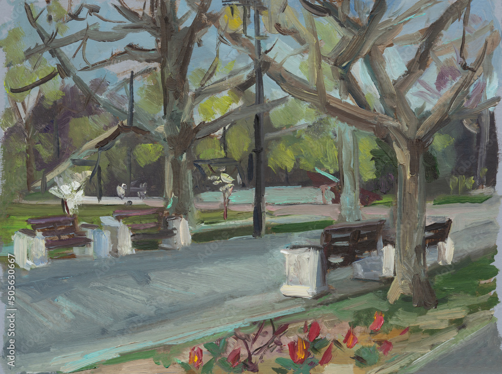 Park alley painting. A full-scale sketch of a spring gray park with ...