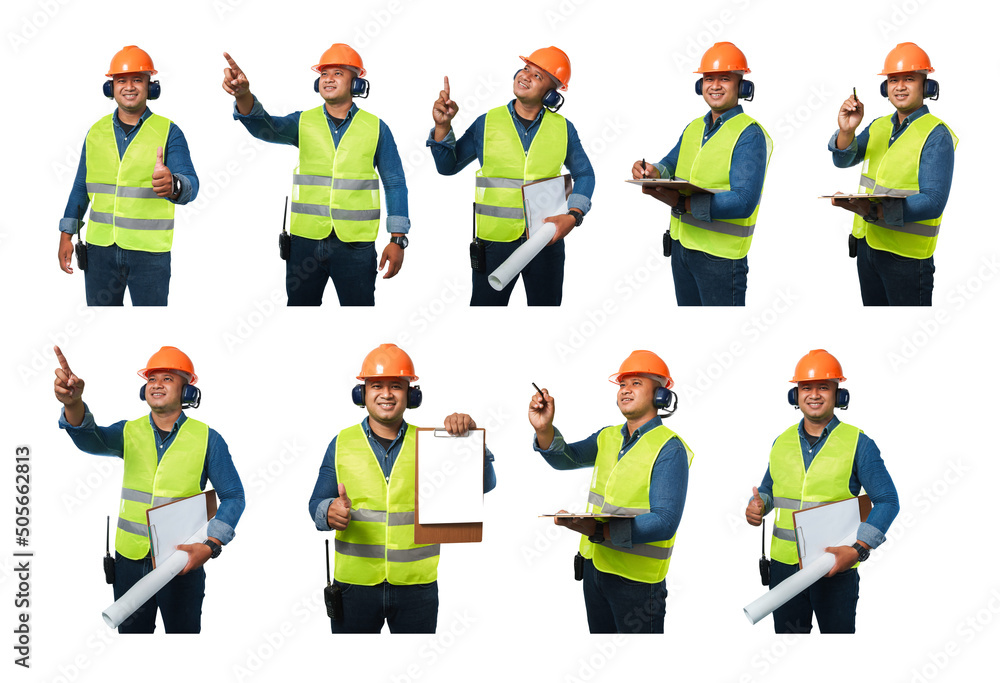 collage of male construction workers wearing helmets and wearing ...