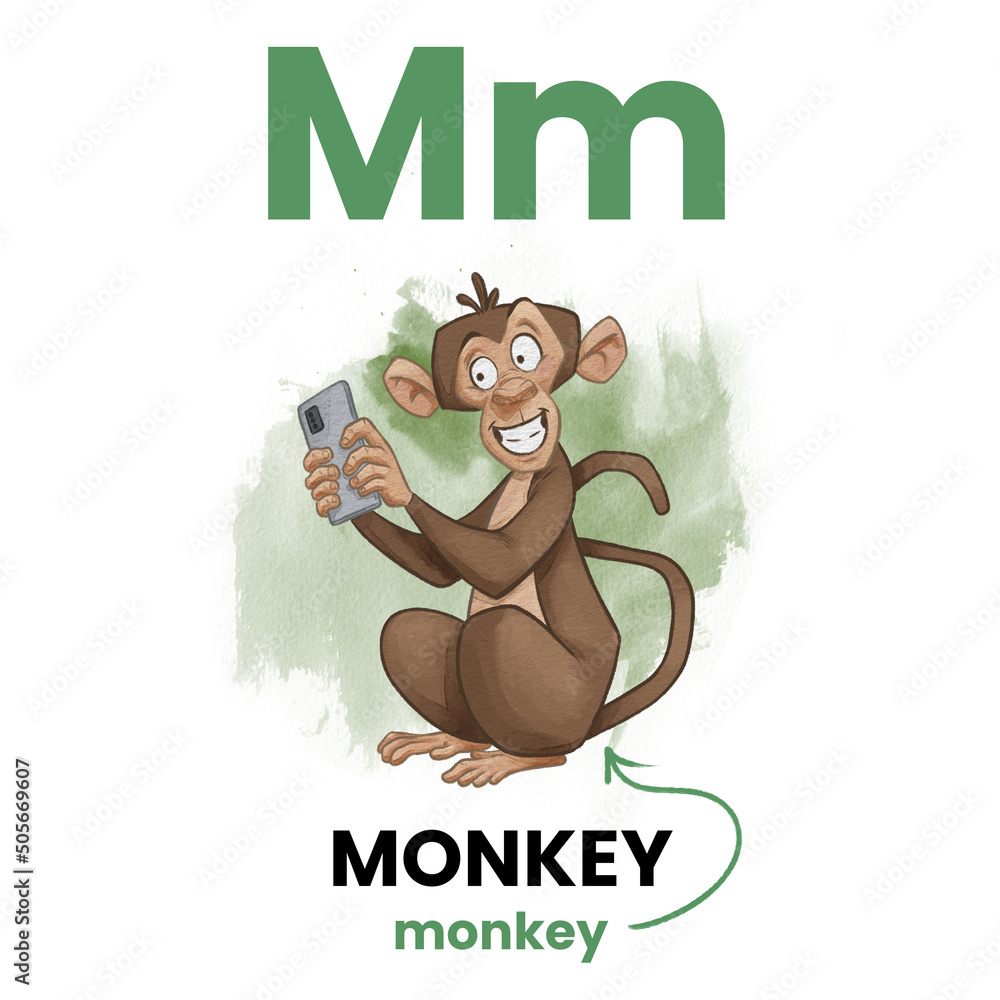 M letter animal flashcard, Monkey character illustration for children education. Learn alphabet ...