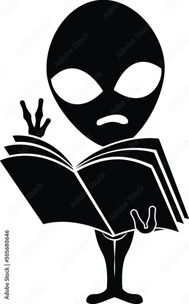 Cartoon Alien Reading Studying Leaning Open Book Aliens UFO Spaceship ...