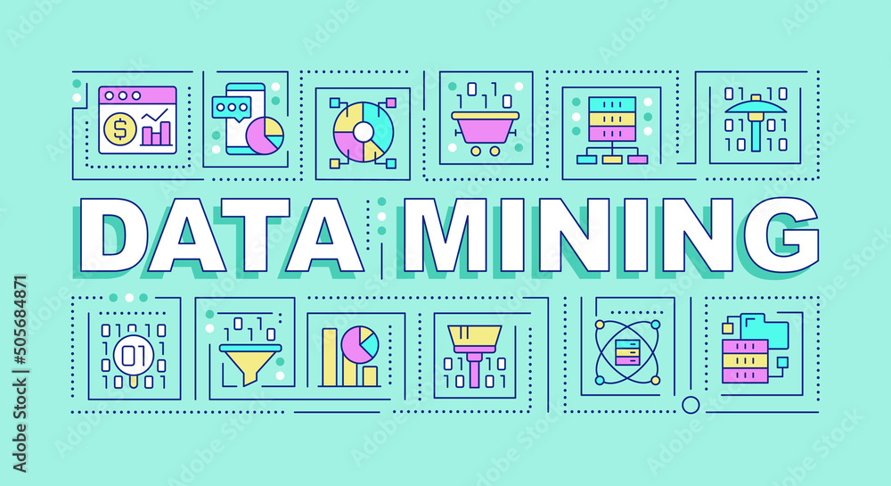 Data mining word concepts mint banner. Data extraction techniques. Infographics with icons on ...