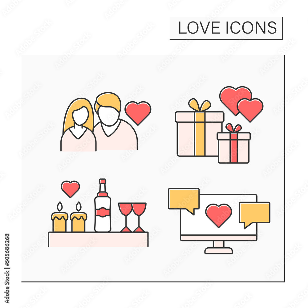 Love color icons set. Family, couple, presents, romantic dinner and ...