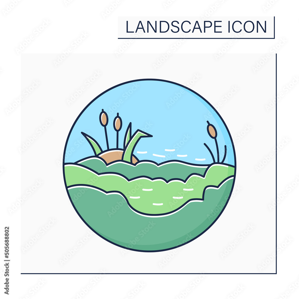 Marsh color icon.Waterlogged land. Low-lying land flooded in wet ...
