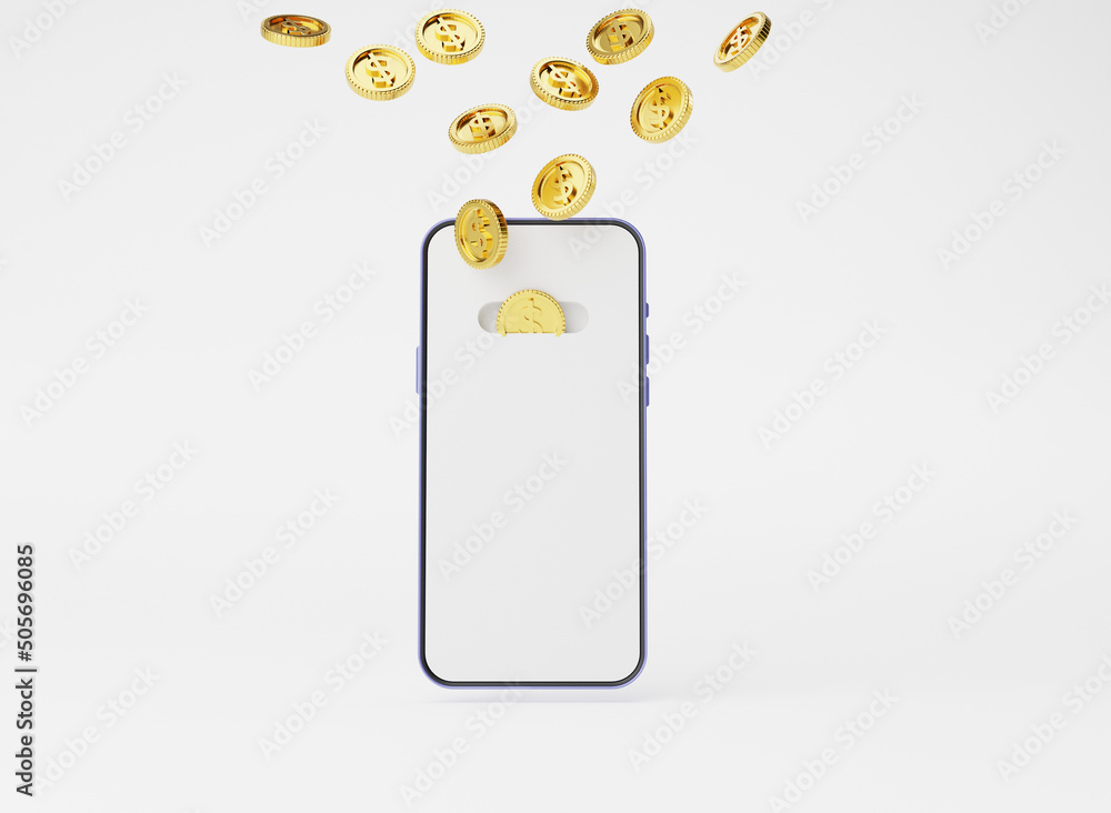 Golden coins flowing to smartphone on white background for money ...