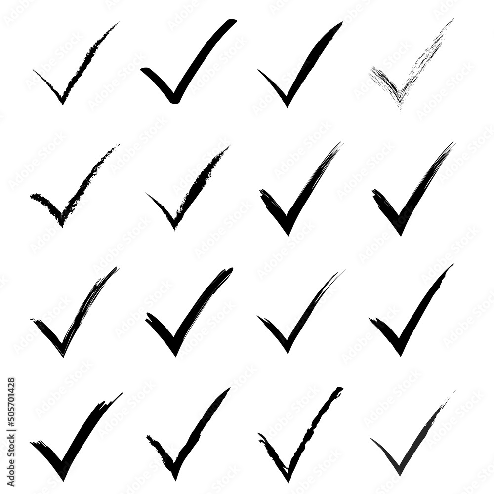 Set of brush check mark symbols on white background. Hand drawn ...