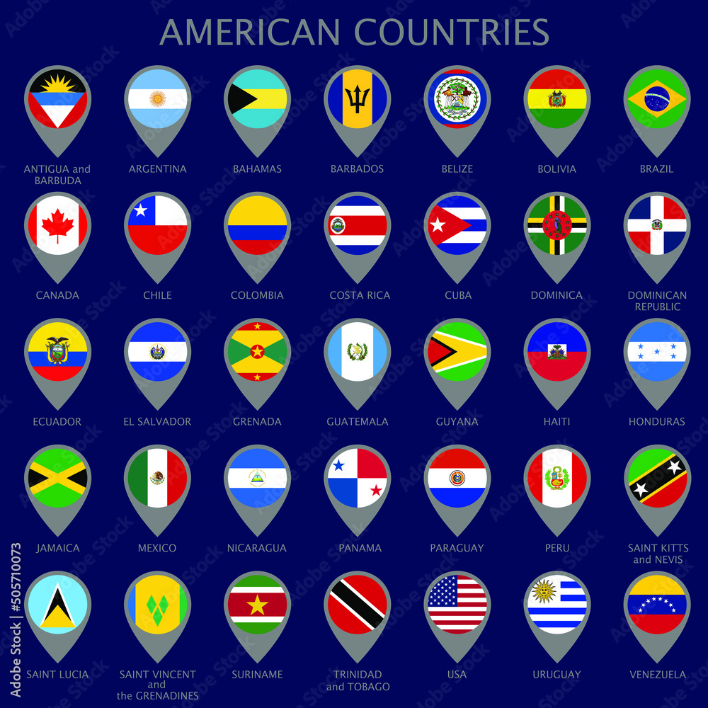 Map pointers with all national flags of the American countries in ... Map pointers with all national flags of the American countries in ...