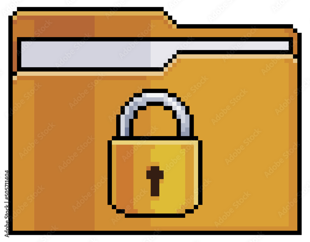 Pixel art secure document folder with padlock vector icon for 8bit game on white background ...