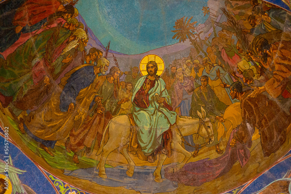 St. Petersburg, Russia - January 5, 2020: Fresco of Jesus Christ riding ...